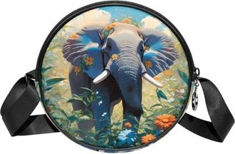 Generic Petit sac &agrave; bandouli&egrave;re rond pour femme, motif &eacute;l&eacute;phant, fleur d&eacute;l&eacute;phant avec fermeture &eacute;clair, bretelles r&eacute;glables, sac &agrave; main rond d&eacute;contract&eacute; pour 