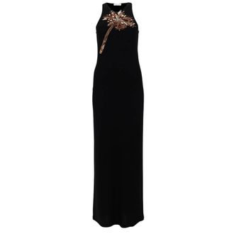 Paco Rabanne Robe Longue Brod&eacute;e Palmier - Femme - Robes - Noir - Taille: 40 FR