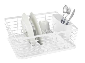 WENKO Geschirrabtropfer Mod. Drip Abtropfgestell mit Besteckkorb und Abtropfschale Metall pulverbeschichtet Kunststoff PP 36 x 15 x 30 cm Wei&szlig;