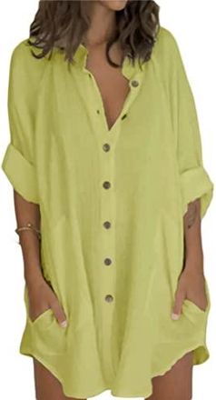 Minetom Chemisiers Femme Manches Longues Blouse Eté Plage Shirt Longues Tunique Couleur Unie Chemise Longue Tops Mini Robe Hauts C Jaune XXL