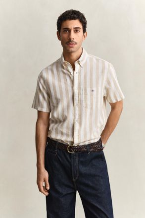 GANT Herren Gestreiftes Kurzarm-Hemd aus Leinenmix (XXXL) OAT BEIGE