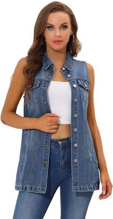 Allegra K Veste en jean décontractée boutonnée sans manches mi-longue pour femme Bleu 3XL