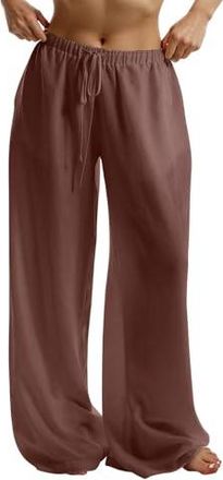 Generic Pantalon &agrave; jambe large pour femme, pantalon en lin pour femme, pantalon d&eacute;contract&eacute; avec cordon de serrage, taille &eacute;lastique, pantalon long l&eacute;ger de c