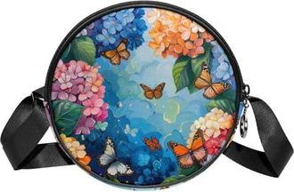 Generic Sac &agrave; bandouli&egrave;re rond pour femme, motif fleurs et papillons, petit sac &agrave; bandouli&egrave;re avec fermeture &eacute;clair, bretelles r&eacute;glables, sac &agrave; main rond d&eacute;co