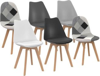 IDMarket Idmarket - Lot de 6 chaises scandinaves sara gris foncé, gris clair, blanc, noir et patchworks noirs, gris et blancs