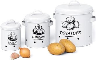Relaxdays Kartoffel Aufbewahrungsbox, Zwiebeln, Knoblauch, 3er Set, mit Deckel & Löchern, Metall, Zwiebeltopf, weiß