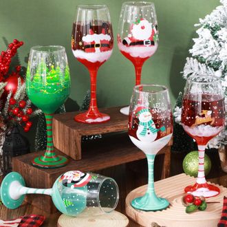 Boao Set mit 6 weihnachtlichen Weingl&auml;sern, festlicher Weihnachtsmann, Schneemann, Weihnachtsbaum, Trinkkelche, Tassen, bemalt, Weihnachts-Weinglas, Gesche