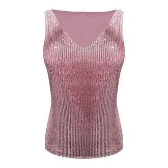 Generic Haut &agrave; paillettes argent&eacute;es pour femme - D&eacute;bardeurs d&eacute;contract&eacute;s &agrave; col en V - Couleur unie - Camisole d&eacute;t&eacute; &agrave; paillettes - Tendance et polyvalent - D&eacute;b