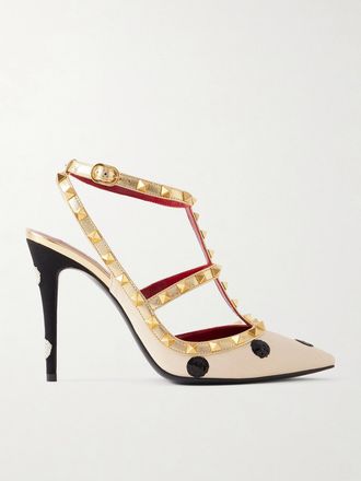 Valentino Garavani Rockstud 100 Pumps Aus Canvas Mit Polka-dots, Nieten Und Verzierung - Creme