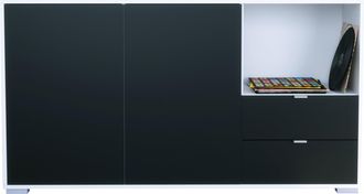 Vladon Sideboard Milano, Kommode mit 2 Türen und 2 Schubladen Schwarz matt, Made in Germany, Korpus Weiß matt (152,5 x 83 x 37 cm)