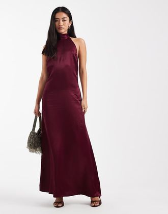 Asos Satin-Maxikleid in Pflaume mit Neckholder-Tr&auml;ger und tiefem R&uuml;ckenausschnitt-Lila