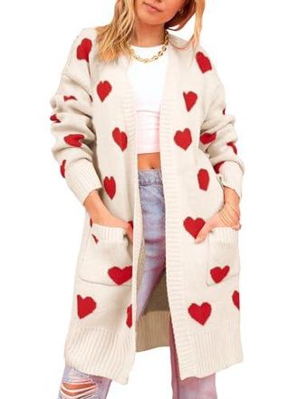 Generic Cardigan long pour femme, coupe d&eacute;contract&eacute;e, motif coeur mignon, col en V, ouvert sur le devant, manteau en tricot c&ocirc;tel&eacute; avec poches, noir, taille L