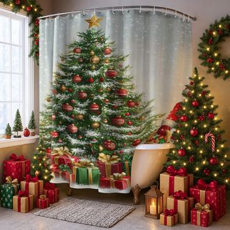 Generic Extra breiter Duschvorhang, Weihnachtsmann, festlicher Weihnachtsbaum, Rot, Polyester, wasserdicht, Designdruck, Badvorhänge für Zuhause, Badezimmer, 
