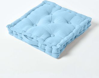 Homescapes Farbenfrohes Sitzkissen Stuhlkissen Sitzerhöhung Stuhlauflage, 50 x 50 cm, 100% Reine Kaliko Baumwolle mit Polyester Füllung, Uni hellblau