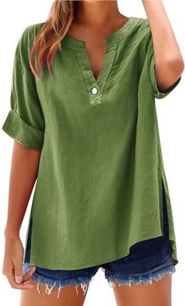 Generic Chemisier en mousseline pour femme oversize avec bords ouverts - Chemisier en lin pour femme - T-shirt d&eacute;t&eacute; d&eacute;contract&eacute; - Coupe ample - Tunique unie -