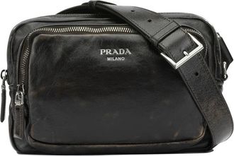 Prada Distressed Logo-print Leather Shoulder Bag