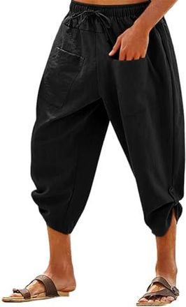 Generic Pantacourt 3/4 en lin pour homme avec cordon de serrage - Style décontracté - Pour la plage, le yoga, le yoga et le thaï - Taille élastique - Conforta
