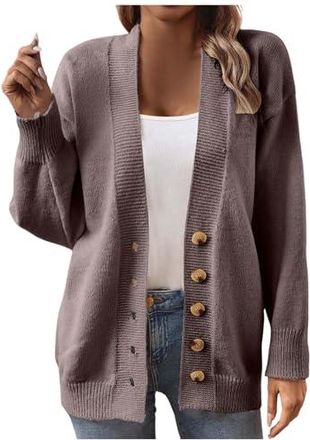 Generic 2026 Vestes dautomne et dhiver pour femme, couleur unie, temp&eacute;rament, veste pull &agrave; boutonnage, cardigan tricot&eacute;, caf&eacute;, XL