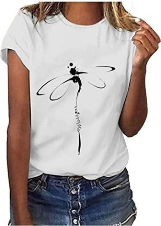 ORANDESIGNE Femmes Impression de Libellule col Rond t-Shirt t-Shirts décontractés Mode élégants Hauts Confortables E Blanc M
