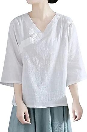 Generic Chemises d&eacute;t&eacute; en coton et lin pour femme, t-shirt chinois &agrave; manches cinq points, coupe ample et confortable, col en V, blanc, XXL