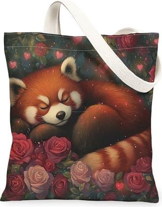 Generic Sac fourre-tout en toile motif pandas rouges pour le shopping, 33 x 38 cm, sac d&eacute;picerie r&eacute;utilisable pour femme, motif de roses romantiques, sac d&eacute;pi