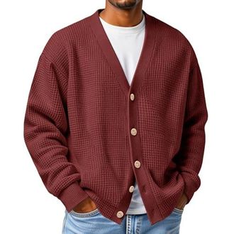 Generic Cardigan pour homme en tricot gaufr&eacute; textur&eacute; &agrave; manches longues, col en V, ouvert sur le devant, l&eacute;ger et d&eacute;contract&eacute;, bordeaux, XXL