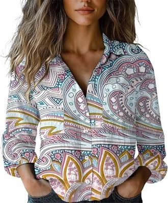 Generico Chemise Femme d&Eacute;t&eacute; D&eacute;contract&eacute;e Manches Longues Blouse Coton Et Lin Curvy Respirant Chemises Col en V L&eacute;ger Chemisier Vintage Fantaisie avec Boutons C