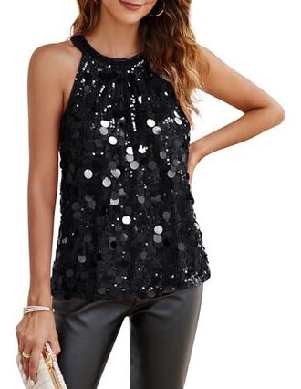 Grace Karin Femme D&eacute;bardeur &agrave; Grosses Paillettes Col Rond Encolure en Licou Party Tops sans Manches Blouse Haut Tops XL Noir