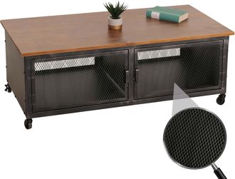 Mendler Couchtisch HWC-N28, Sofatisch, Rollen 2 Fächer, 3D-Struktur Industrial Retro Metall Holz 45x120x60cm - schwarz, braun