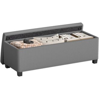 HOMCOM Banc de rangement bout de lit - HOMCOM - en velours c&ocirc;tel&eacute; avec couvercle - pour salon, chambre, entr&eacute;e - 112 x 42 x 40 cm - gris