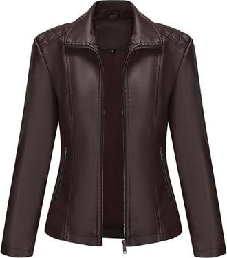 Generic Veste de moto en cuir synth&eacute;tique pour femme avec fermeture &eacute;clair - Tendance - Veste de sortie fine &agrave; fermeture &eacute;clair, caf&eacute;, XXL
