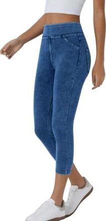 Minetom Jeggings Femme 3/4 Leggings Jean Yoga Taille Haute Ceinture Elastiquée Slim 7/8 Denim Pantalon De Crayon A Bleu Foncé L