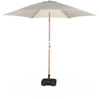 Sweeek Parasol droit rond sable &Oslash;293cm m&acirc;t central en aluminium imitation bois. orientable et manivelle douverture