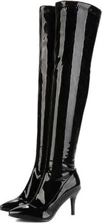 Generic Noir,34 EU,Bottes Cuissardes en Cuir Verni PU pour Femmes, Bout Pointu, Fermeture éclair latérale, Tendance, Confortables, Talon Aiguille, Cuissardes