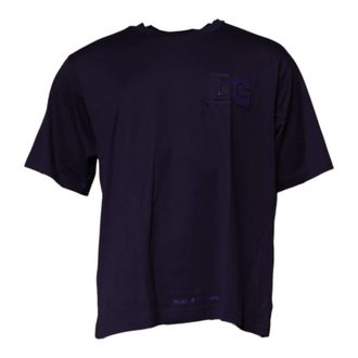 Dolce & Gabbana Navy Blue Logo Patch Cotton T-Shirt - - Tops - Herren - Blau - S