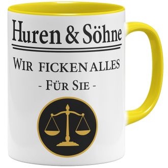 OM3 Anwalt Kaffee-Tasse mit Spruch - Huren & S&ouml;hne - Lustige Jura Spruch f&uuml;r Studenten & Juristen - Keramik Becher - 325ml - Beidseitig Bedruckt - Gelb