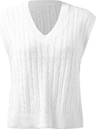 Generic Pull d&eacute;contract&eacute; sans manches avec col en V et maille c&ocirc;tel&eacute;e pour femme, blanc, XXL