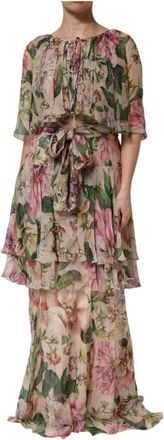 Dolce & Gabbana Femme, Robes, Multicolore, Taille: 38 FR Robe Maxi Superpos&eacute;e en Soie Florale