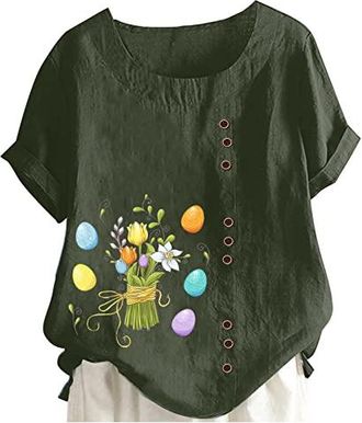 Generic Chemise &agrave; manches courtes en lin pour femme grande taille - Chemisier ample pour femme - Chemises blanches boh&egrave;me baggy chemises de sortie hauts chemi