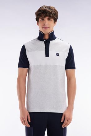 Eden Park Polo &Agrave; Manches Courtes En Coton Stretch Gris Bande Contrast&eacute;e Coupe Ajust&eacute;e