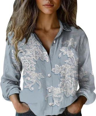 Generico Chemise Femme d&Eacute;t&eacute; D&eacute;contract&eacute; &agrave; Manches Longues Blouse Coton Et Lin Curvy Respirant Chemisier Col en V L&eacute;ger T Shirt Vintage Fantaisie avec Boutons C