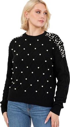 Lovedrobe Womens Crew Neck Jumper Ladies Cable Knit Long Sleeve Sweater Pearl Embellished Pullover Smart Casual Knitwear, Noir 52-54