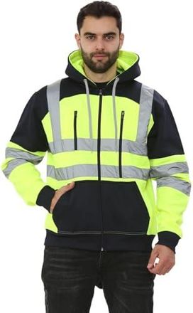 Janisramone Homme Veste Haute Visibilité, Patch de Contraste Pull Over Sweat Polaire Homme, Sweat Homme Capuche Zippé Veste de Travail Homme Chantier