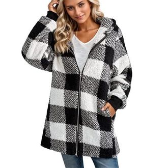 Generic Manteau &agrave; capuche surdimensionn&eacute; &agrave; carreaux pour femme, veste &agrave; capuche d&eacute;contract&eacute;e en polaire pelucheuse avec fermeture &eacute;clair, veste sherpa surdime