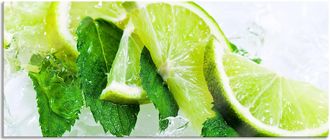 Pixxprint Glasbild Panorama, Wandbild aus Echtglas, Limetten und Minze im Eis, 120x50 cm, inkl. Aufh&auml;ngung und Abstandshalter