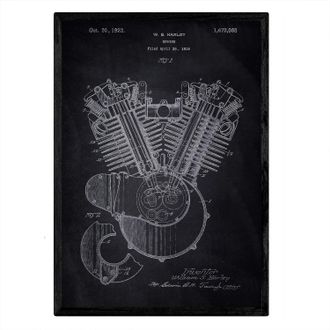 Nacnic Poster Patent Verbrennungsmotor Harley Davidson. Blatt mit altem Design-Patent A3-Format mit schwarzem Hintergrund