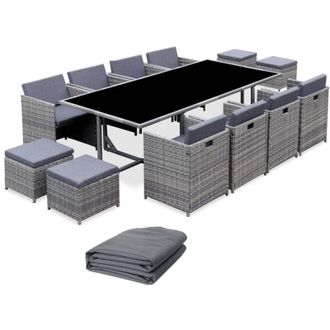 Sweeek Table de jardin 8-12 places - Vabo - table encastrable + Housse de protection gris fonc&eacute; polyester Nuances de gris / Gris chin&eacute;