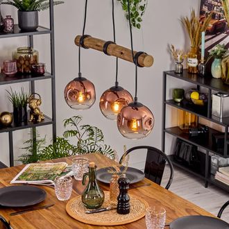 HOFSTEIN Pendelleuchte Ripoll, Hängelampe aus Metall/Holz/Glas in Schwarz/Natur/Kupferfarben/Klar, Hängeleuchte im Retro/Boho-Design mit Glasschirmen und Holzb