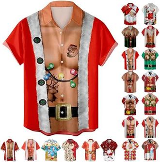 Generic Chemises de No&euml;l laides pour homme - Chemise hawa&iuml;enne avec impression musculaire originale - Chemises graphiques &agrave; boutons - Tops dr&ocirc;les de P&egrave;re No&euml;l