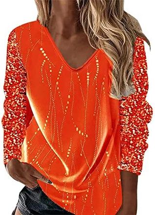 Generic Paillettes Haut Femme Chic Et Elegant Col V Brillant Manches Longues Chemisier Glitter Tunique Casual Tops Mode Couleur Unie Tshirts Grande Taille DéC